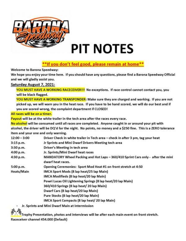 8-7-2021 Pit Notes – Barona Speedway