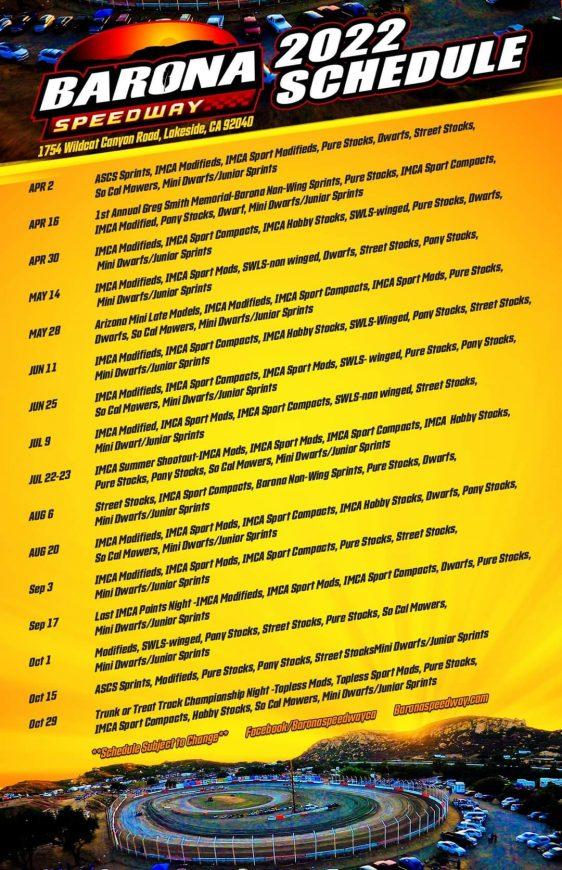 2022 Schedule – Barona Speedway